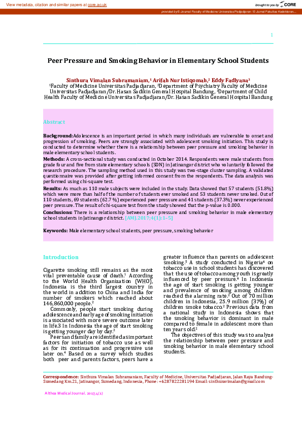 (PDF) Peer Pressure and Smoking Behavior in Elementary School Students