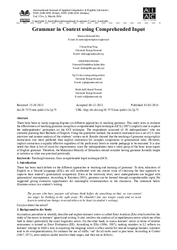 (PDF) Grammar in Context using Comprehended Input