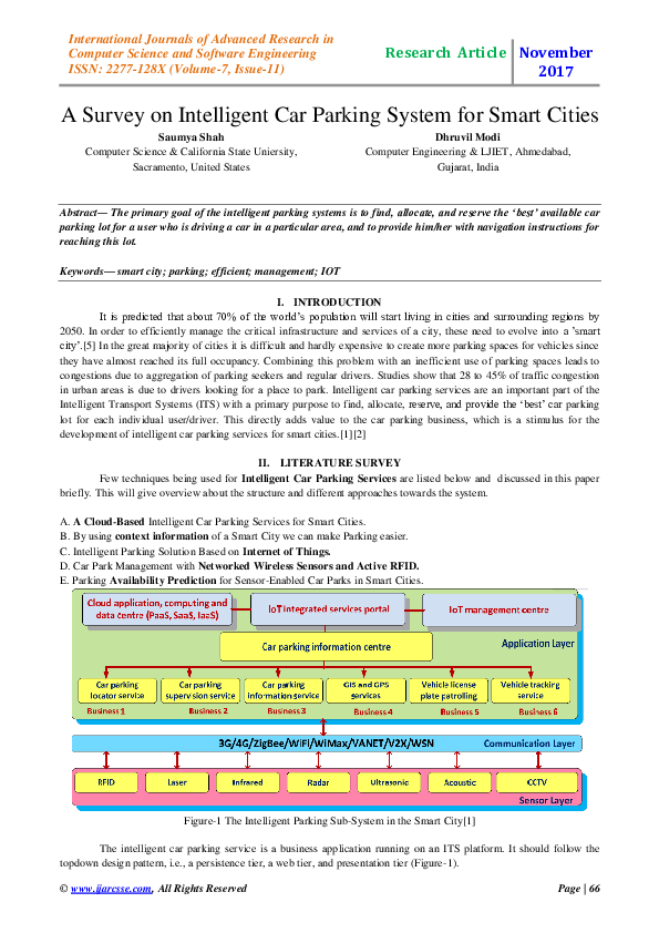 (PDF) A Survey on Intelligent Car Parking System for Smart Cities