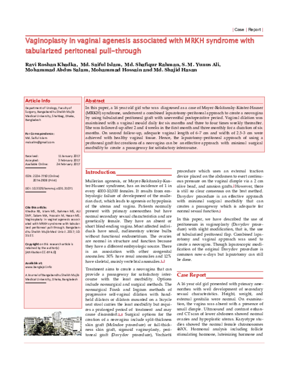 (PDF) Vaginoplasty in vaginal agenesis associated with MRKH syndrome with tabularized peritoneal ...