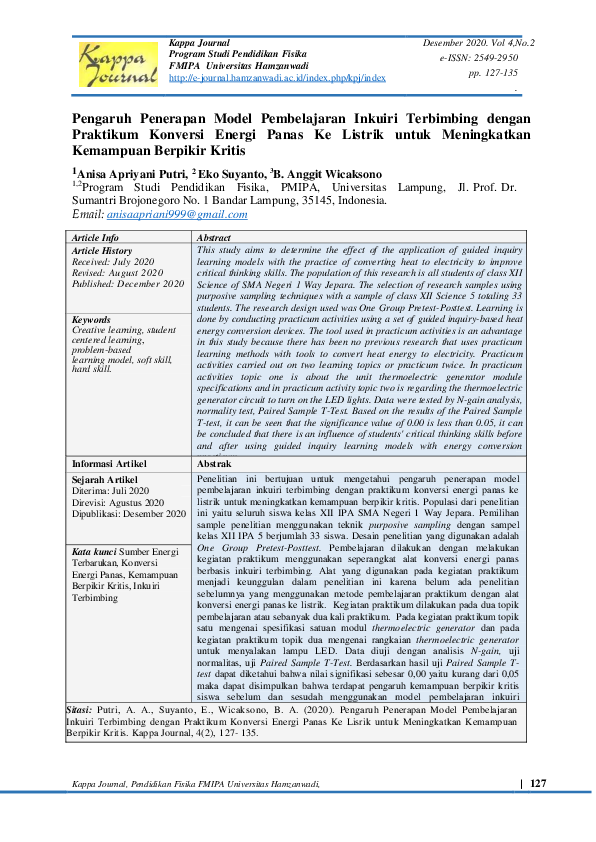 (PDF) Pengaruh Penerapan Model Pembelajaran Inkuiri Terbimbing dengan Praktikum Konversi Energi ...