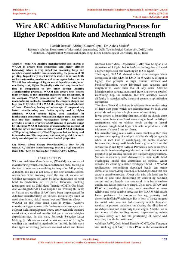 (PDF) Wire ARC Additive Manufacturing Process for Higher Deposition Rate and Mechanical Strength