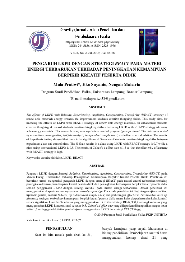 (PDF) Pengaruh LKPD Dengan Strategi React Pada Materi Energi Terbarukan Terhadap Peningkatan ...