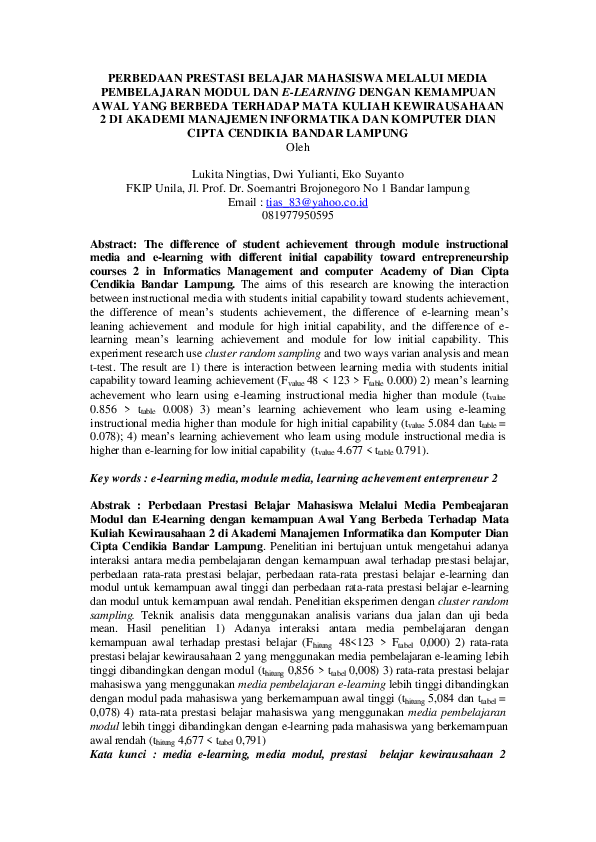 (PDF) Perbedaan Prestasi Belajar Mahasiswa Melalui Media Pembelajaran Modul Dan E-Learning ...