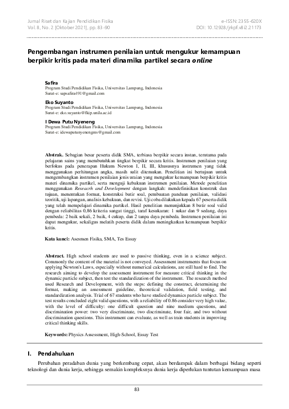 (PDF) Pengembangan instrumen penilaian untuk mengukur kemampuan berpikir kritis pada materi ...