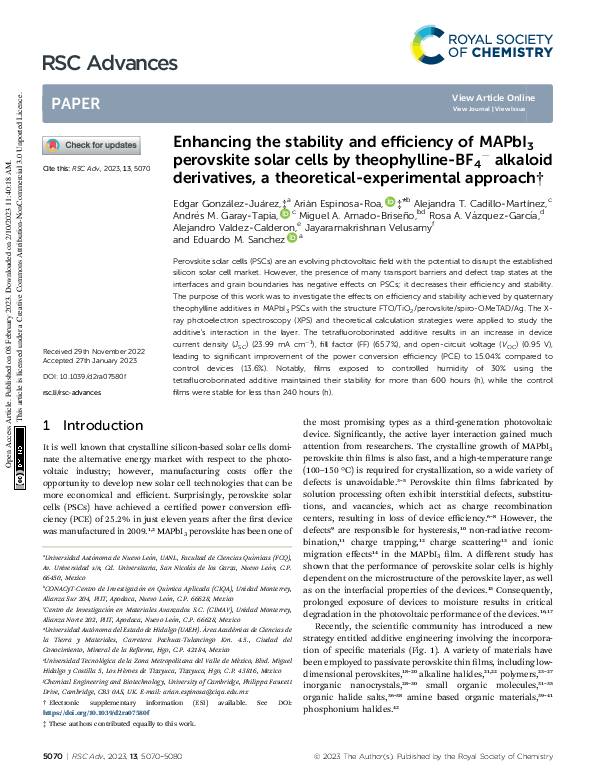 (PDF) Enhancing the stability and efficiency of MAPbI3 perovskite solar cells by theophylline ...