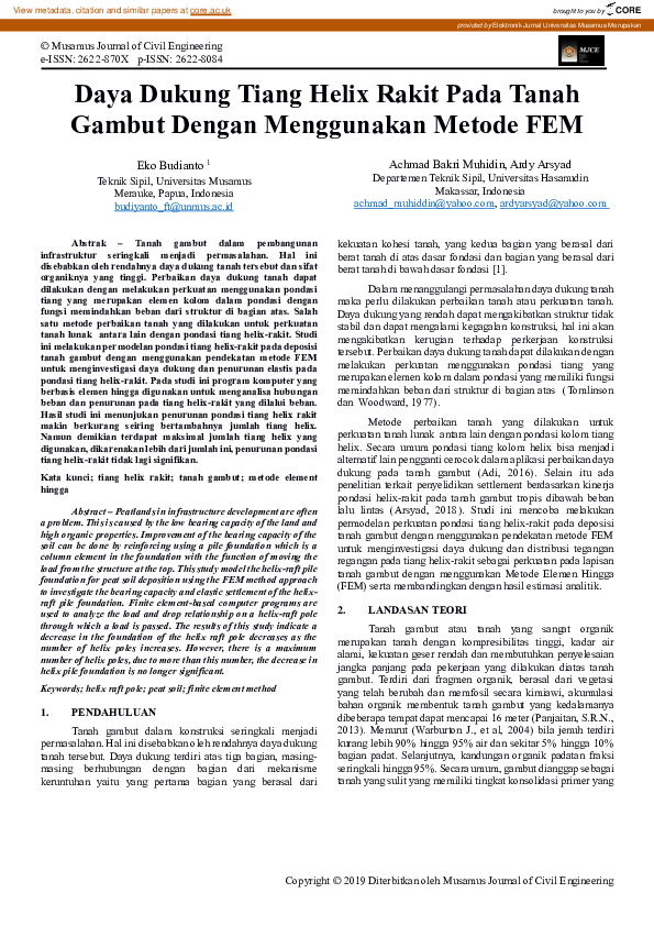 (PDF) Daya Dukung Tiang Helix Rakit Pada Tanah Gambut Dengan Menggunakan Metode FEM