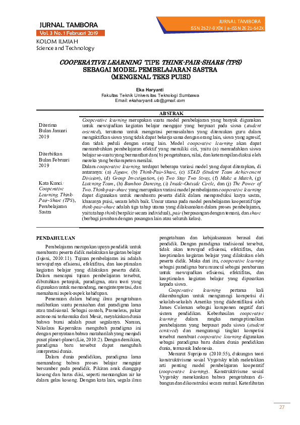 (PDF) Cooperative Learning Tipe Think-Pair-Share (TPS) Sebagai Model ...
