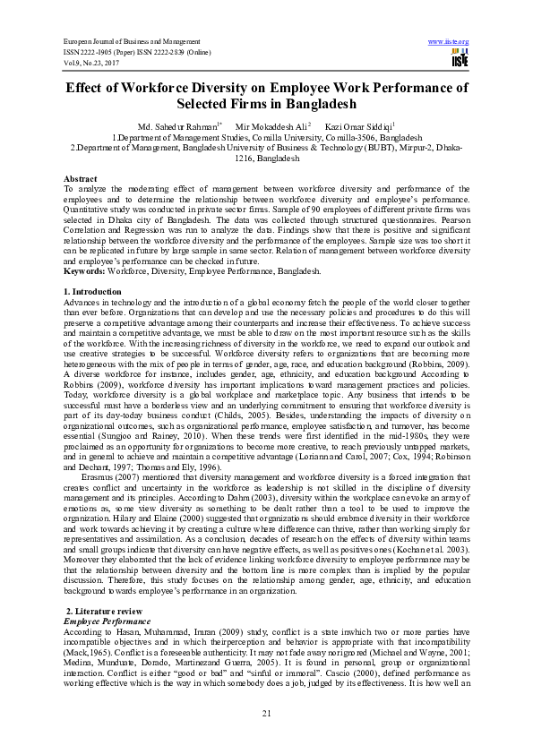 (PDF) Effect of Workforce Diversity on Employee Work Performance of Selected Firms in Bangladesh