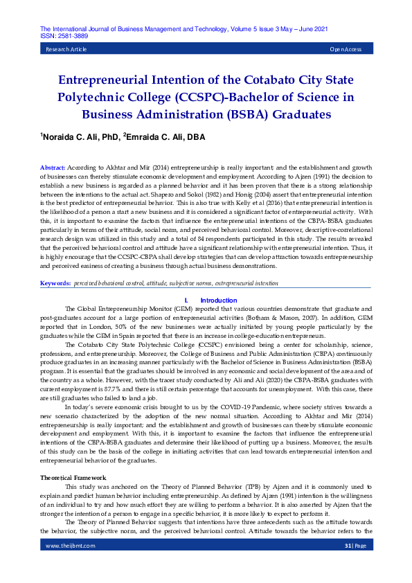 (PDF) Entrepreneurial Intention of the Cotabato City State Polytechnic ...