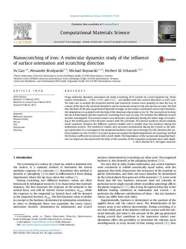 (PDF) Nanoscratching of iron: A molecular dynamics study of the influence of surface orientation ...