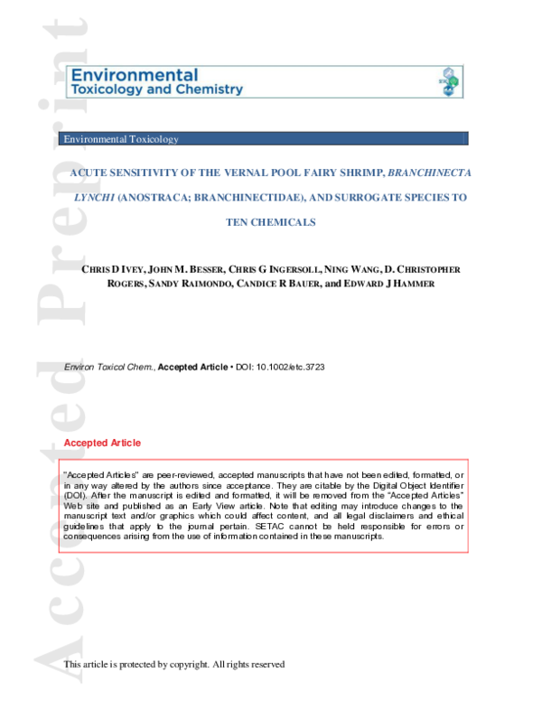(PDF) Acute sensitivity of the vernal pool fairy shrimp, Branchinecta ...