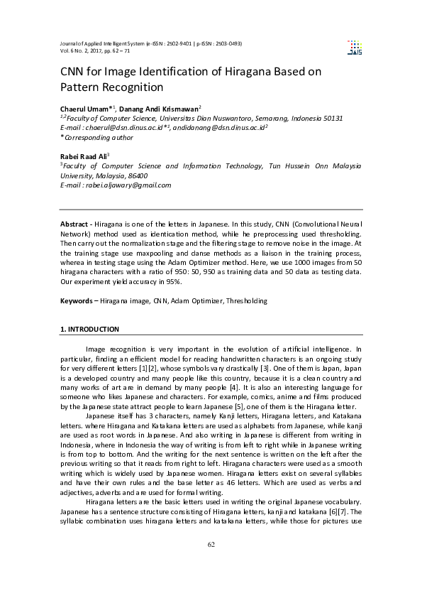(PDF) CNN for Image Identification of Hiragana Based on Pattern Recognition using CNN