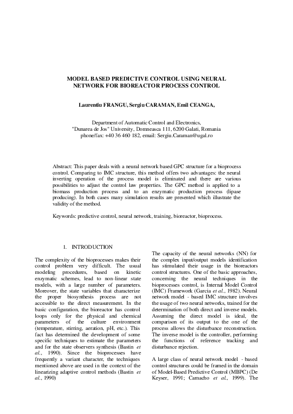 Pdf Model Based Predictive Control Using Neural Network For Bioreactor Process Control 6576