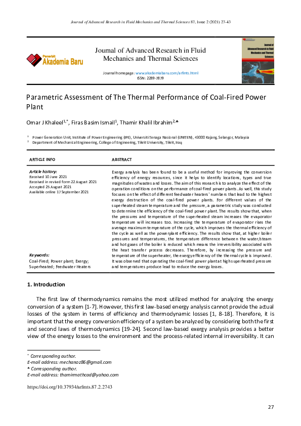 (PDF) Parametric Assessment of The Thermal Performance of Coal-Fired Power Plant