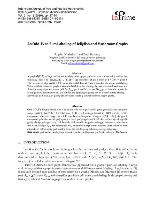 (PDF) An Odd-Even Sum Labeling of Jellyfish and Mushroom Graphs