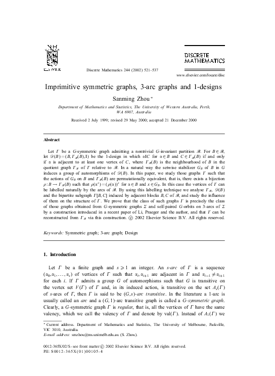(PDF) Imprimitive symmetric graphs, 3-arc graphs and 1-designs | Sanming Zhou - Academia.edu