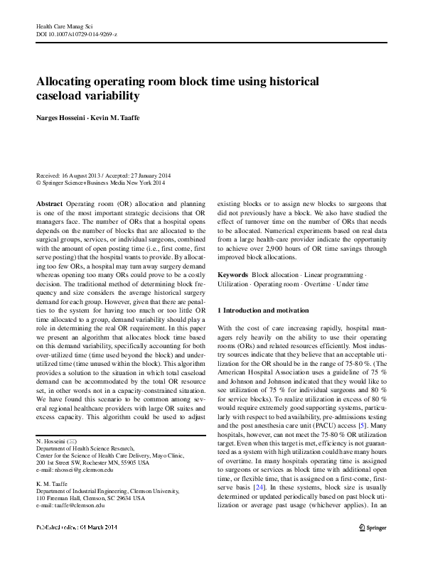 (PDF) Allocating operating room block time using historical caseload variability