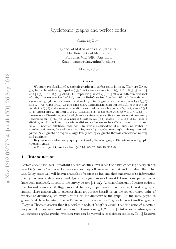 Pdf Cyclotomic Graphs And Perfect Codes