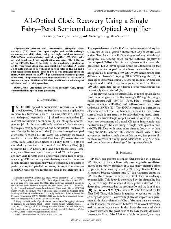 (PDF) All-Optical Clock Recovery Using a Single Fabry–Perot Semiconductor Optical Amplifier