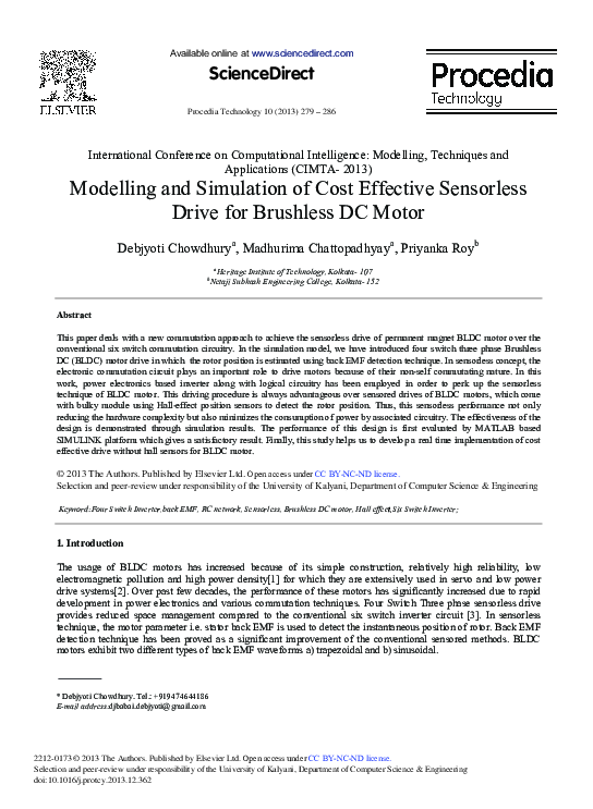 (PDF) Modelling and Simulation of Cost Effective Sensorless Drive for Brushless DC Motor