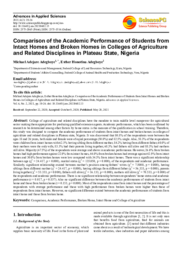 (PDF) Comparison of the Academic Performance of Students from Intact ...