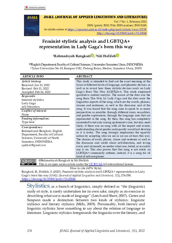 (PDF) Feminist stylistic analysis and LGBTQA+ representation in Lady ...