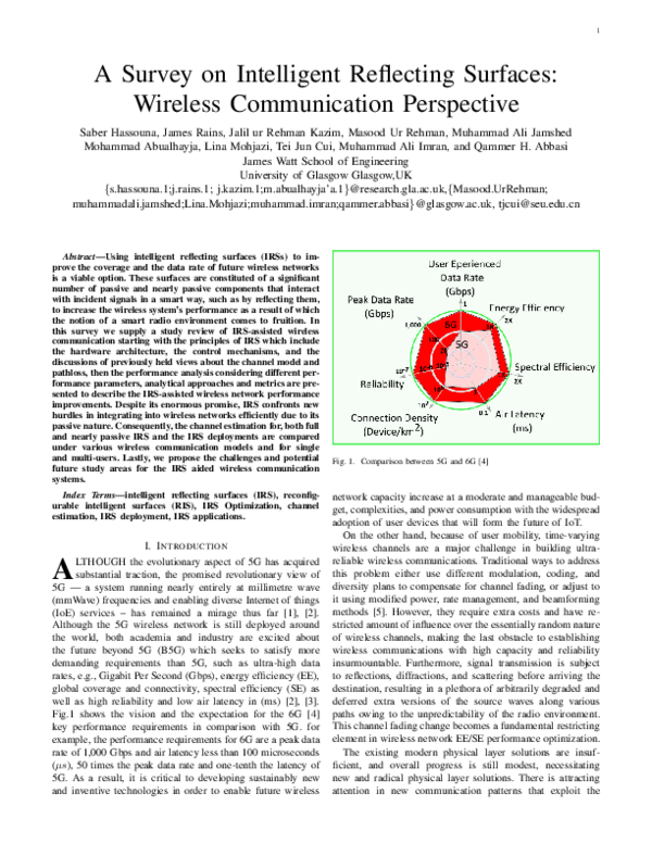 (PDF) A Survey on Intelligent Reflecting Surfaces: Wireless Communication Perspective