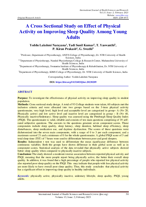 (PDF) A Cross Sectional Study on Effect of Physical Activity on Improving Sleep Quality Among ...