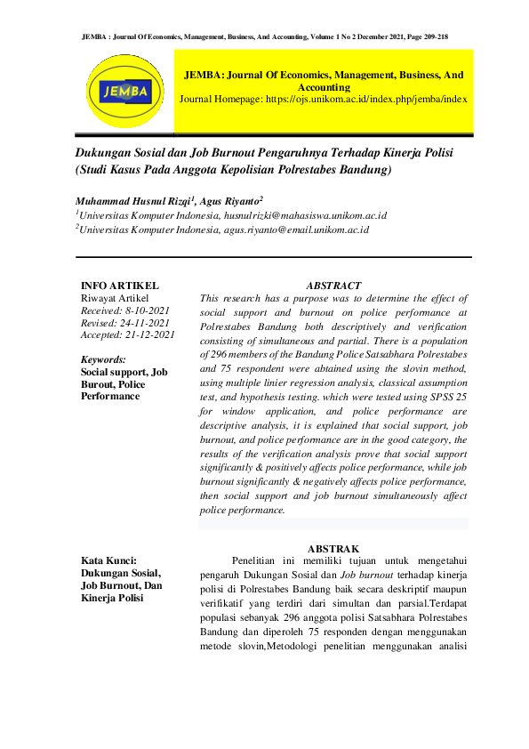 (PDF) Dukungan Sosial dan Job Burnout Pengaruhnya Terhadap Kinerja ...