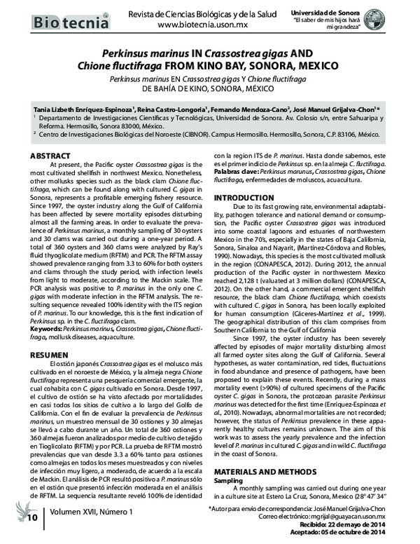 (PDF) Perkinsus Marinus en Crassostrea Gigas y Chione Fluctifraga De ...