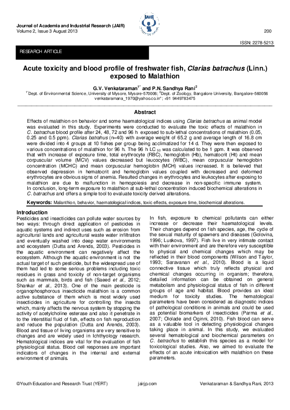 (PDF) Acute toxicity and blood profile of freshwater fish, Clarias ...