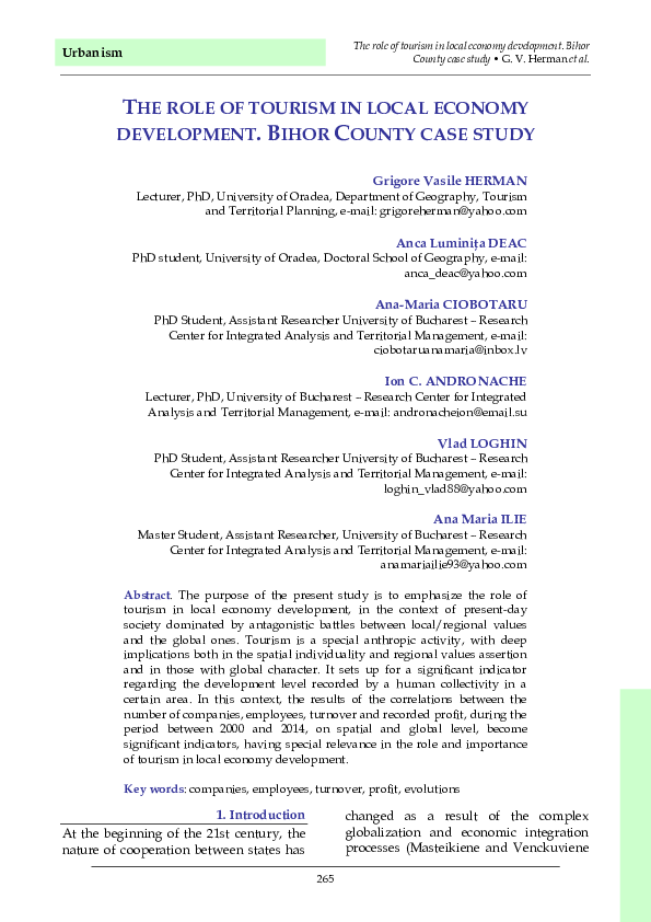 (PDF) The role of tourism in local economy development. Bihor County ...