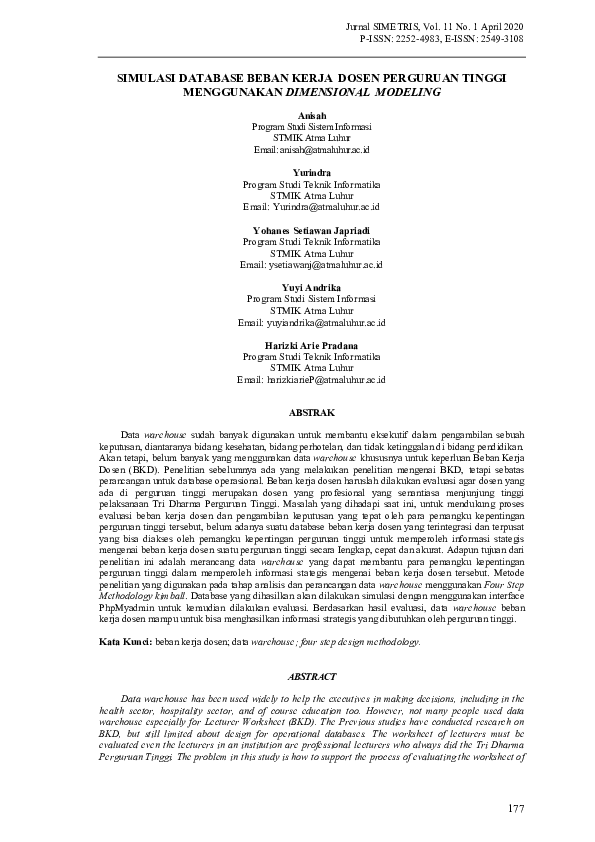 (PDF) Simulasi Database Beban Kerja Dosen Perguruan Tinggi Menggunakan Dimensional Modeling