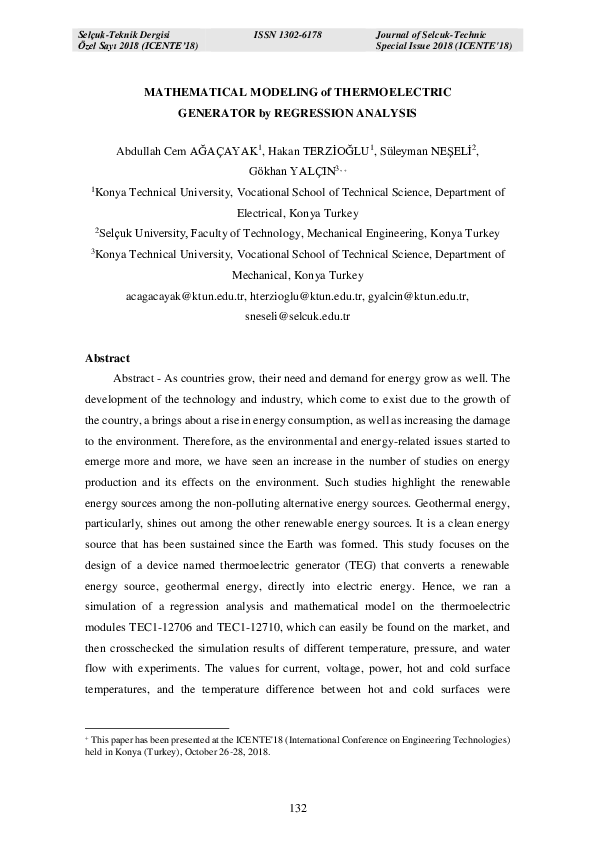 (PDF) MATHEMATICAL MODELING of THERMOELECTRIC GENERATOR by REGRESSION ANALYSIS