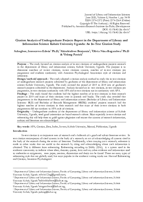 (PDF) Citation Analysis of Undergraduate Projects Report in the Department of Library and ...