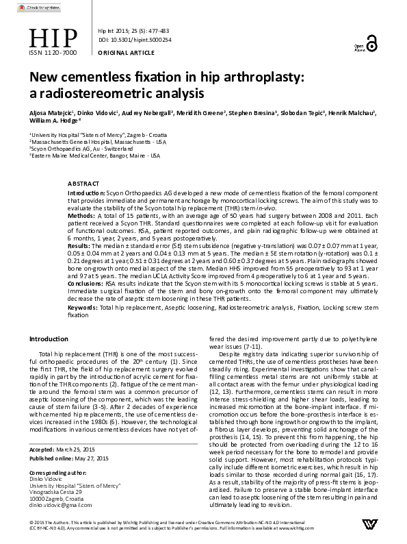 (PDF) New cementless fixation in hip arthroplasty: a radiostereometric ...