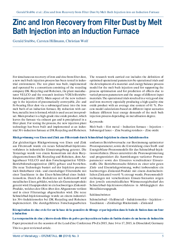 (PDF) Zinc and Iron Recovery from Filter Dust by Melt Bath Injection ...