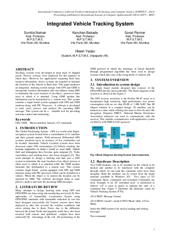 (PDF) 1 Integrated Vehicle Tracking System