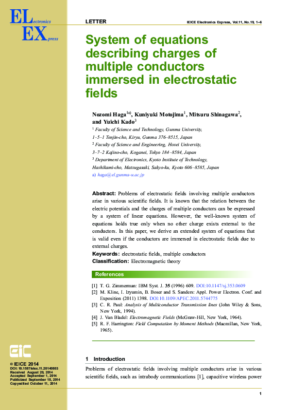 (PDF) System of equations describing charges of multiple conductors immersed in electrostatic fields