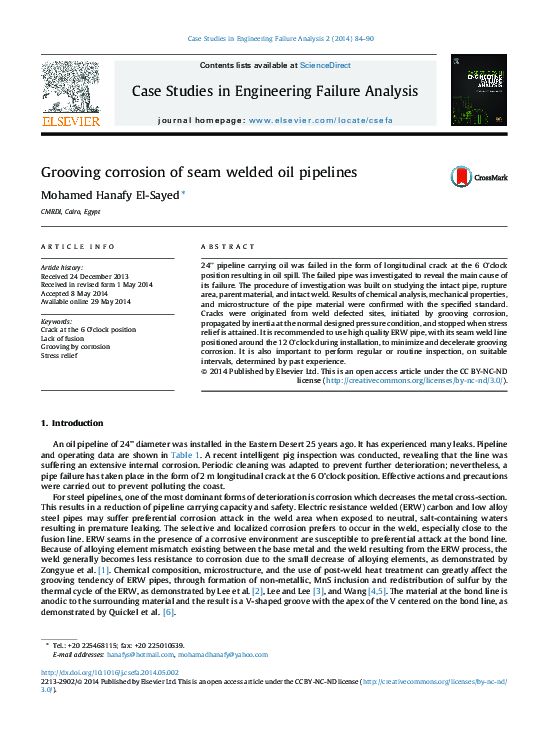 Pdf Grooving Corrosion Of Seam Welded Oil Pipelines