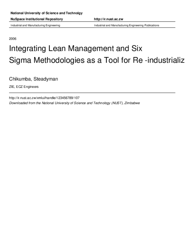(PDF) Integrating Lean Management and Six Sigma Methodologies as a Tool for Re-industrialization
