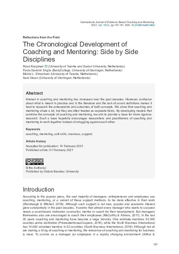 (PDF) The Chronological Development of Coaching and Mentoring: Side by ...