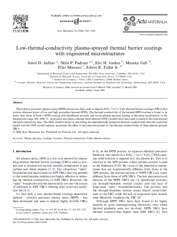 (PDF) Low-thermal-conductivity plasma-sprayed thermal barrier coatings with engineered ...