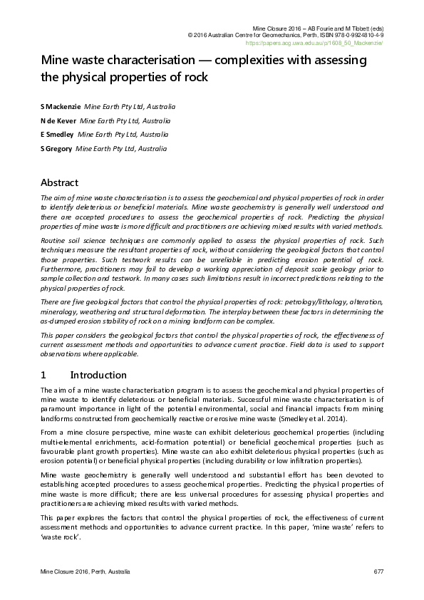 (PDF) Mine waste characterisation — complexities with assessing the ...