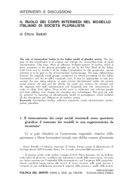 (PDF) The role of intermediate bodies in the Italian model of pluralist ...