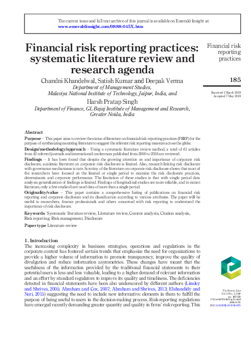(PDF) Financial risk reporting practices: systematic literature review and research agenda