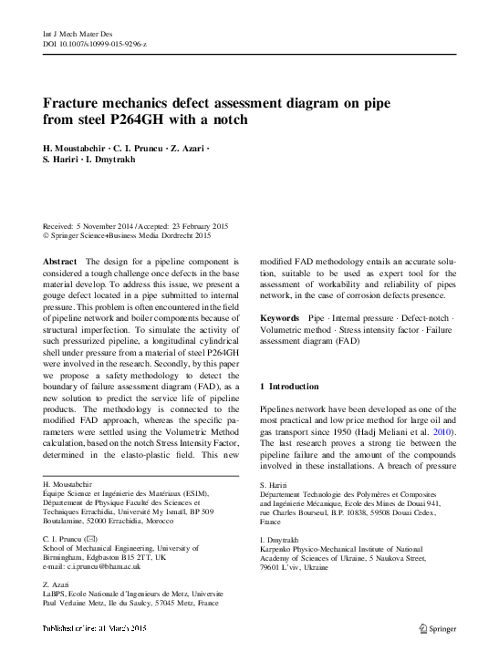 (PDF) Fracture mechanics defect assessment diagram on pipe from steel ...