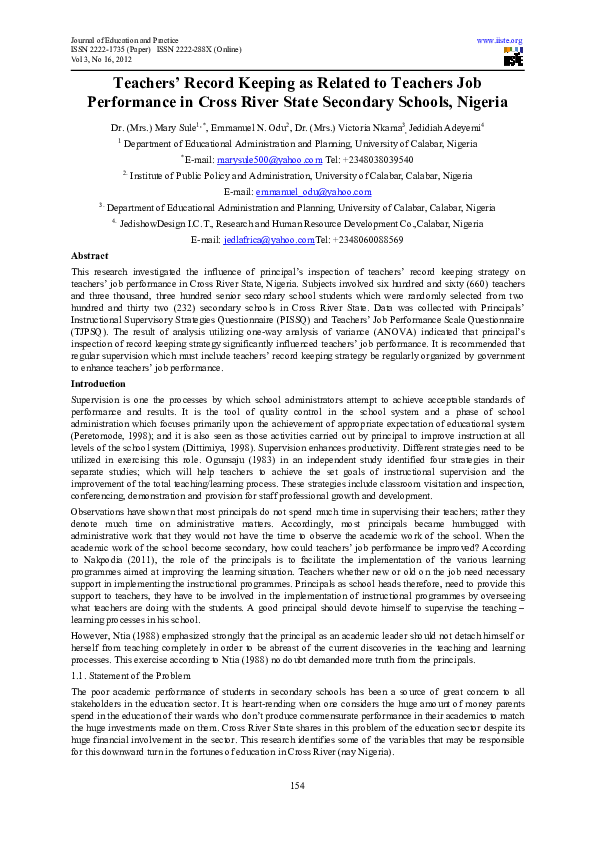(PDF) Teachers’ Record Keeping as Related to Teachers Job Performance in Cross River State ...