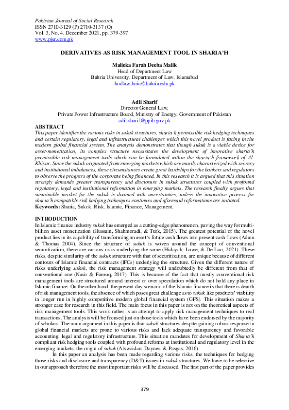 (PDF) Derivatives as Risk Management Tool in Sharia’h